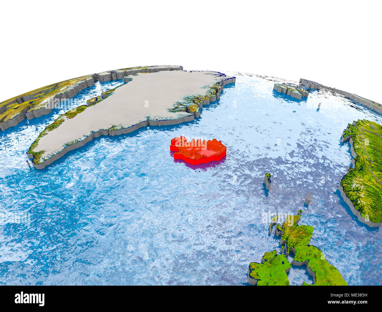 Iceland highlighted in red on globe with realistic land surface ...