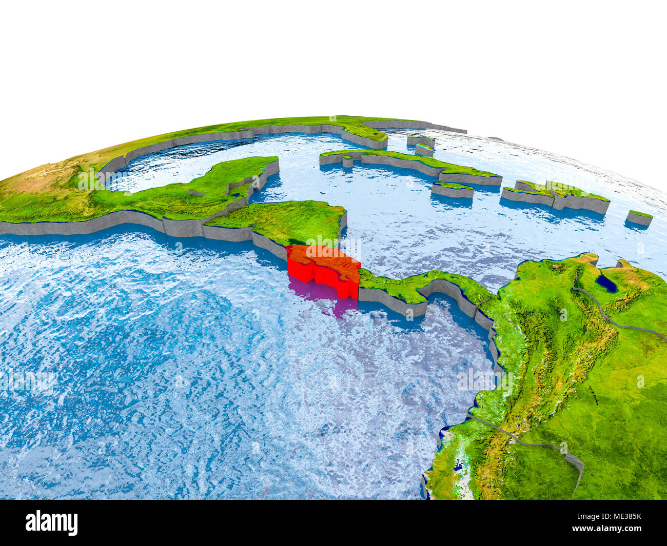Costa Rica highlighted in red on globe with realistic land surface ...
