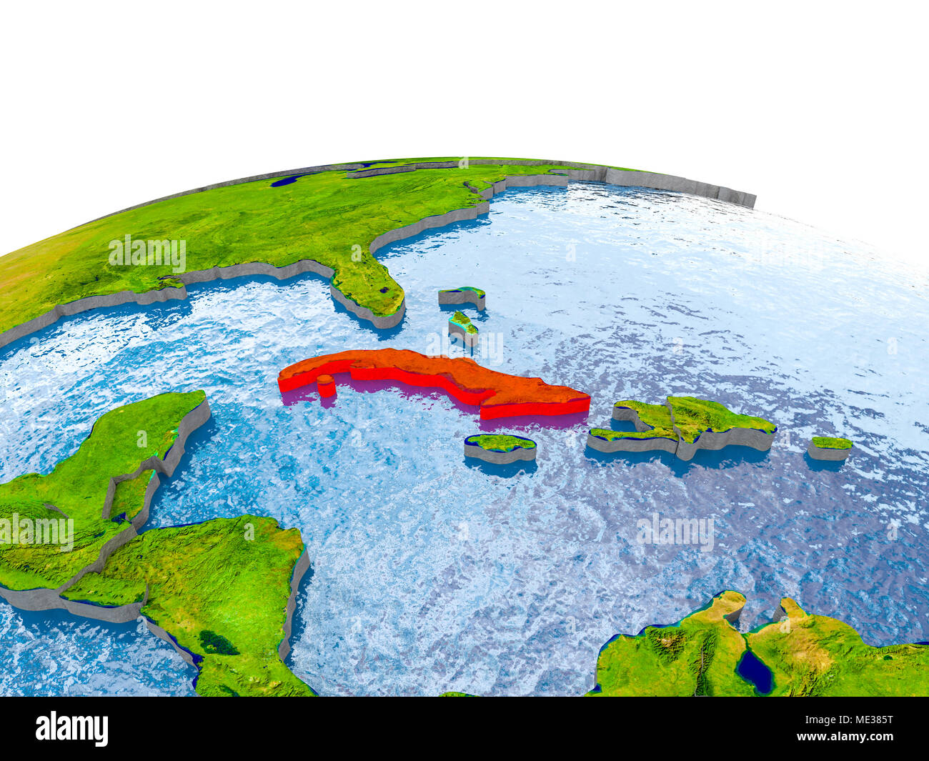 Cuba highlighted in red on globe with realistic land surface, visible ...