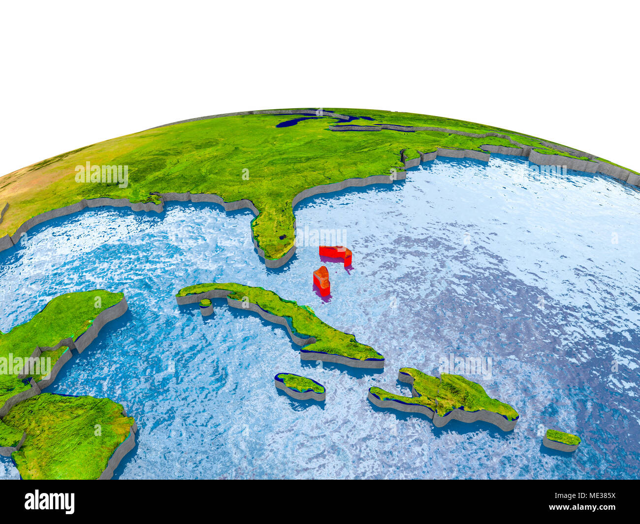 Bahamas highlighted in red on globe with realistic land surface ...