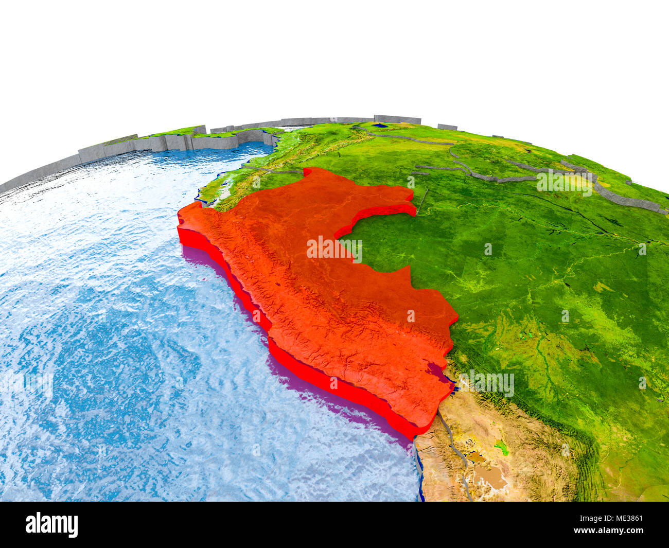Peru highlighted in red on globe with realistic land surface, visible ...