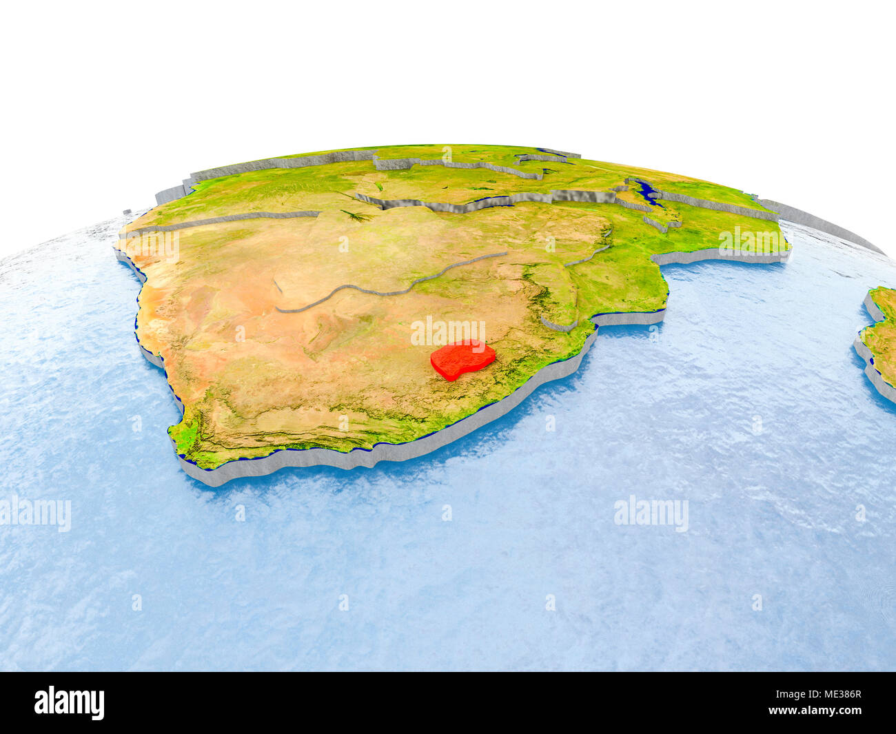 Lesotho highlighted in red on globe with realistic land surface ...