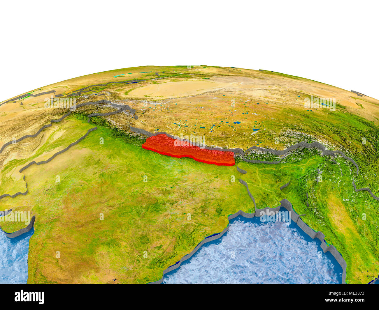 Nepal highlighted in red on globe with realistic land surface, visible ...