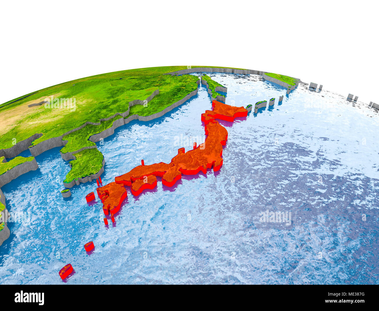 Japan highlighted in red on globe with realistic land surface, visible ...