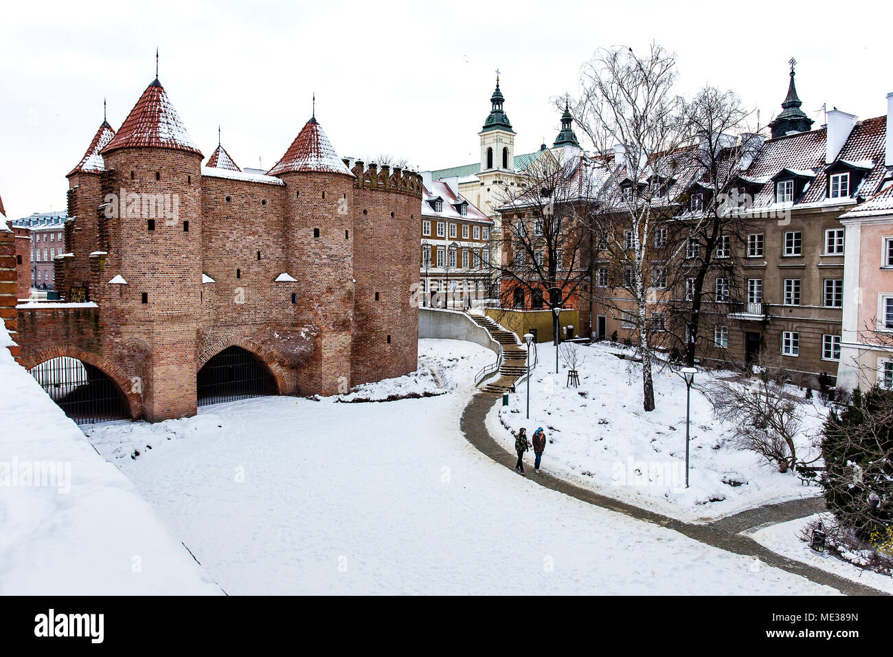 Warsaw Barbacan fortress castle in winter is in the capital city of ...