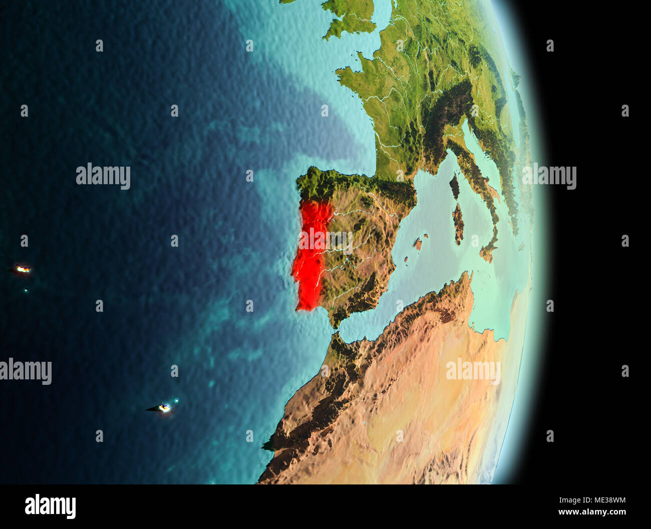 Early morning view of Portugal highlighted in red on planet Earth. 3D ...