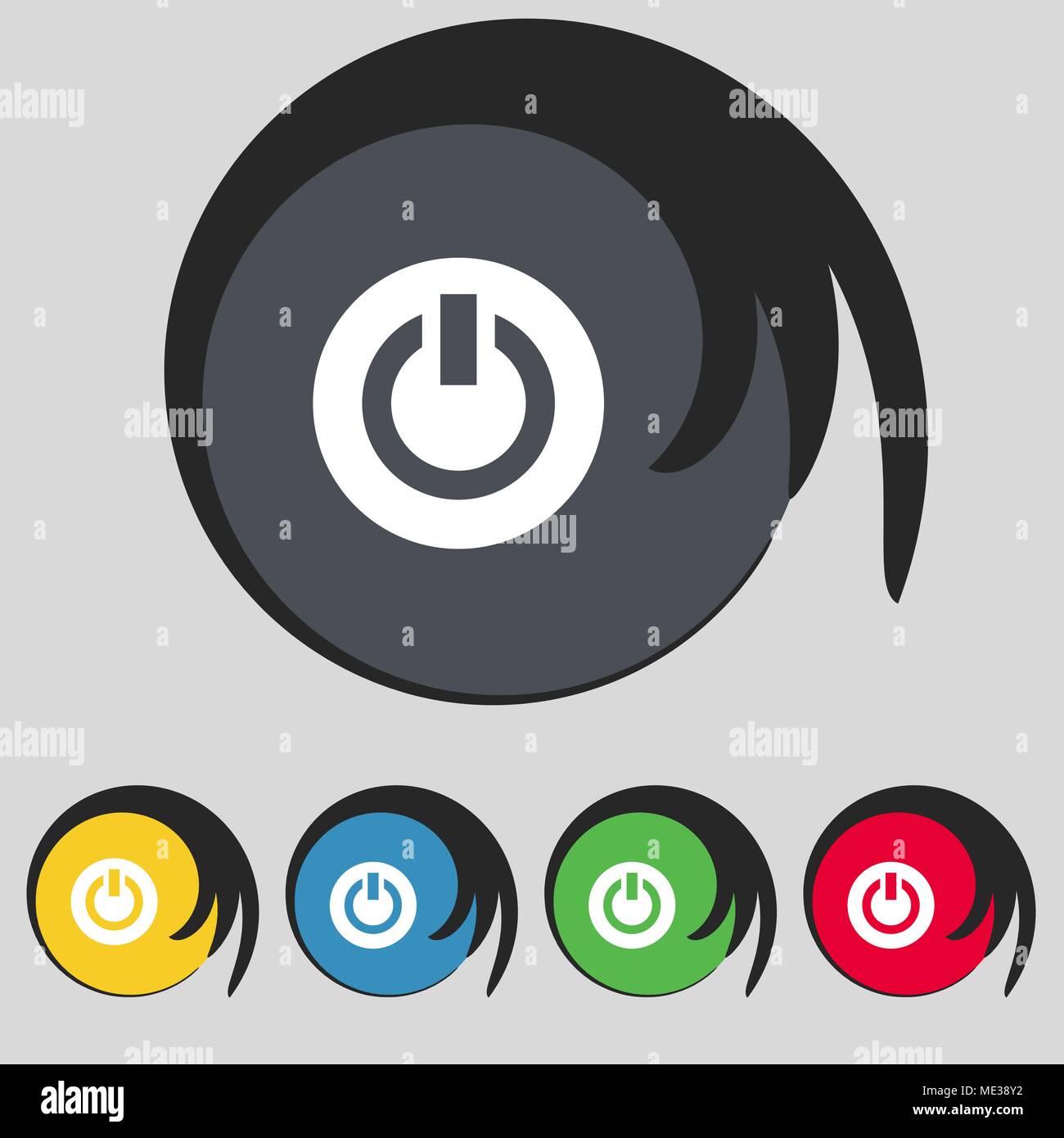 Power, Switch on, Turn on icon sign. Symbol on five colored buttons ...