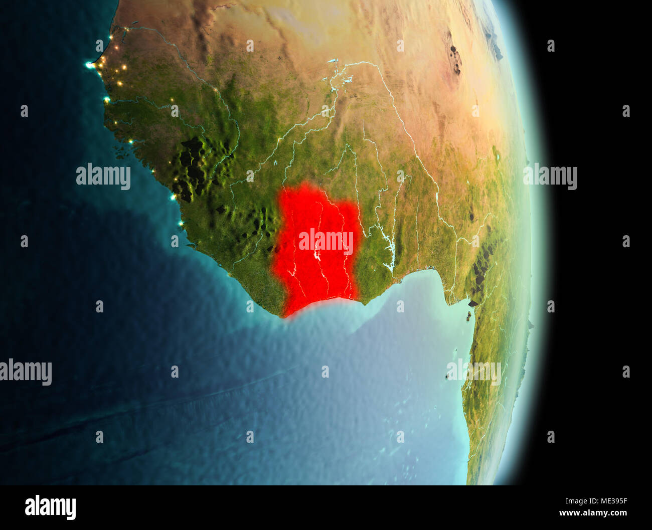 Early morning view of Ivory Coast highlighted in red on planet Earth ...