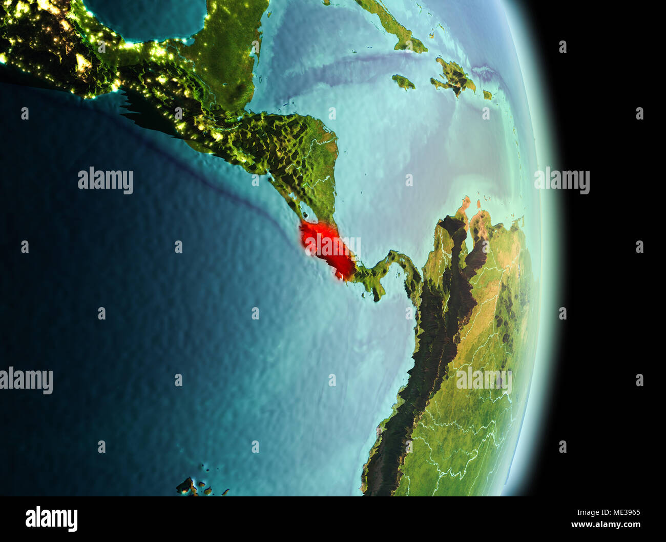Early morning view of Costa Rica highlighted in red on planet Earth. 3D ...