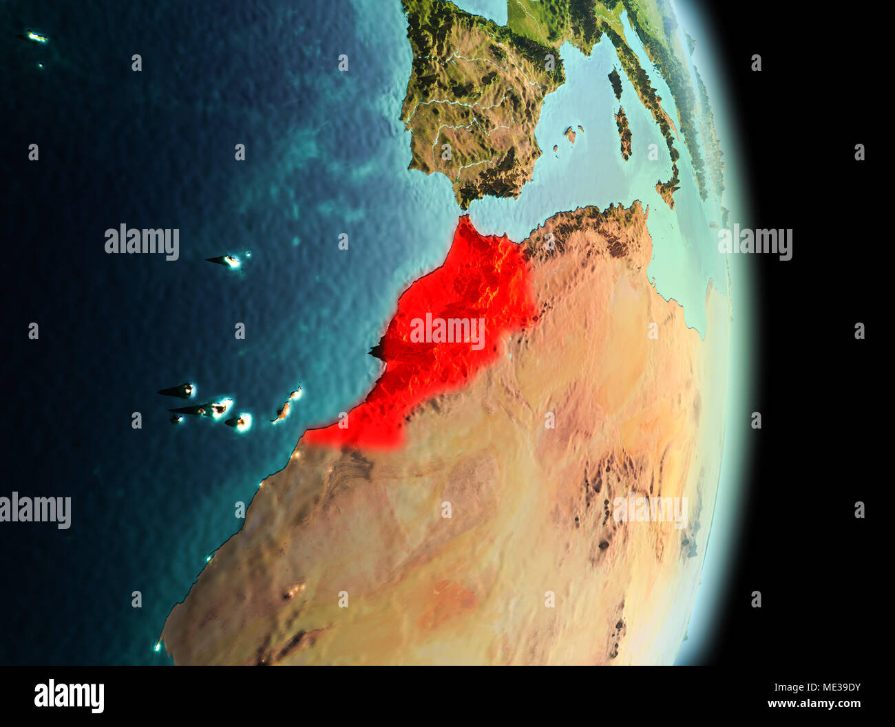 Early morning view of Morocco highlighted in red on planet Earth. 3D ...