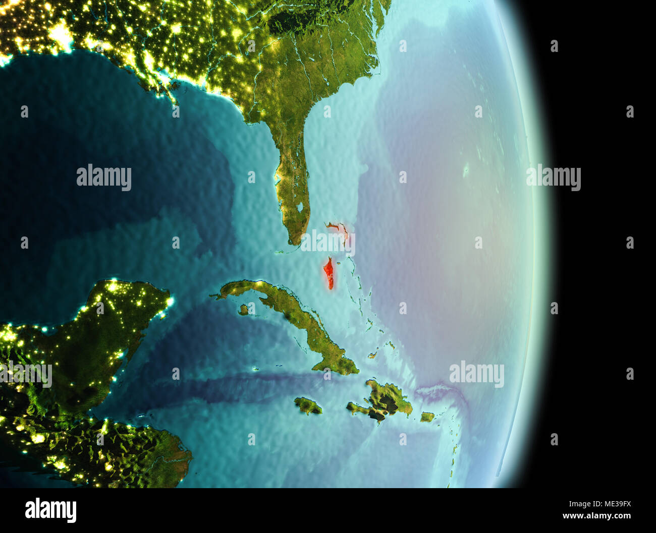 Early morning view of Bahamas highlighted in red on planet Earth. 3D ...