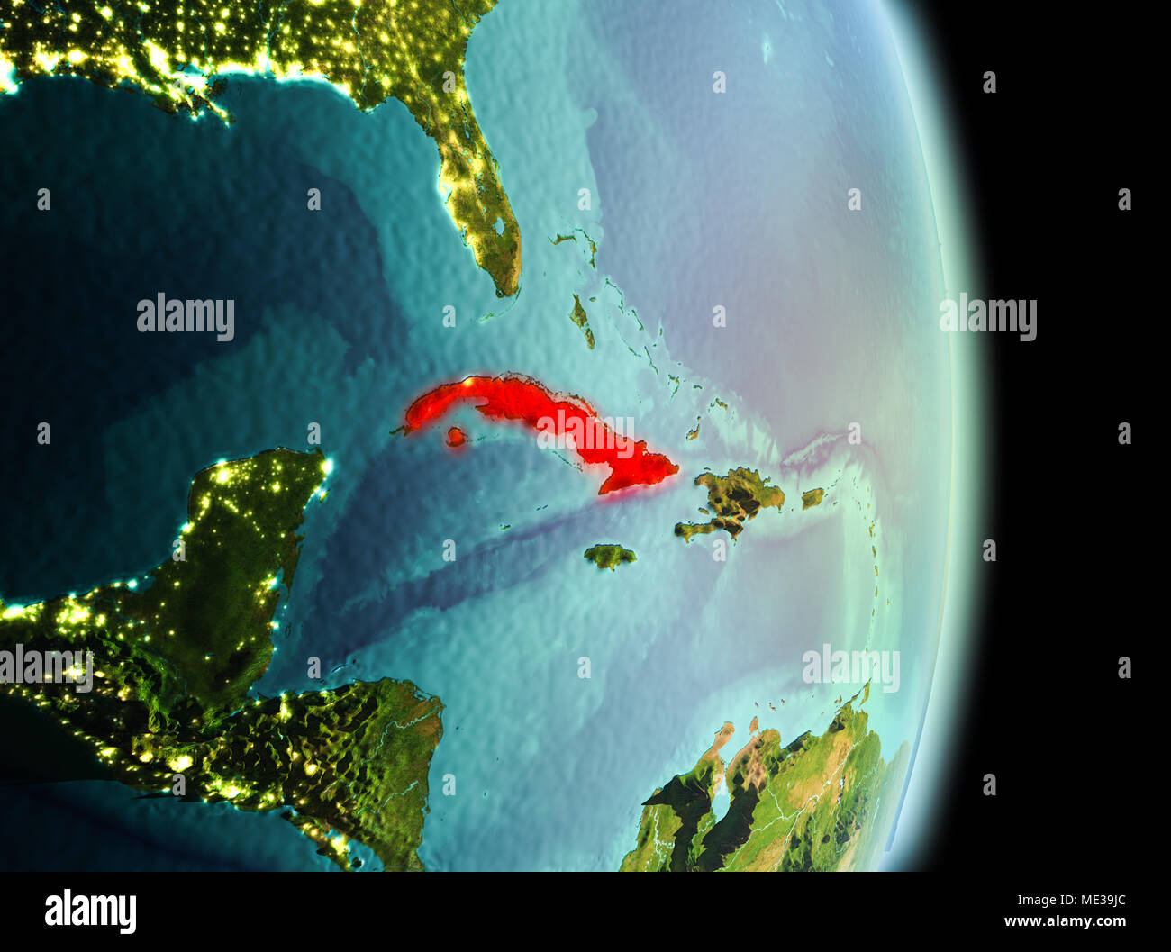 Early morning view of Cuba highlighted in red on planet Earth. 3D ...