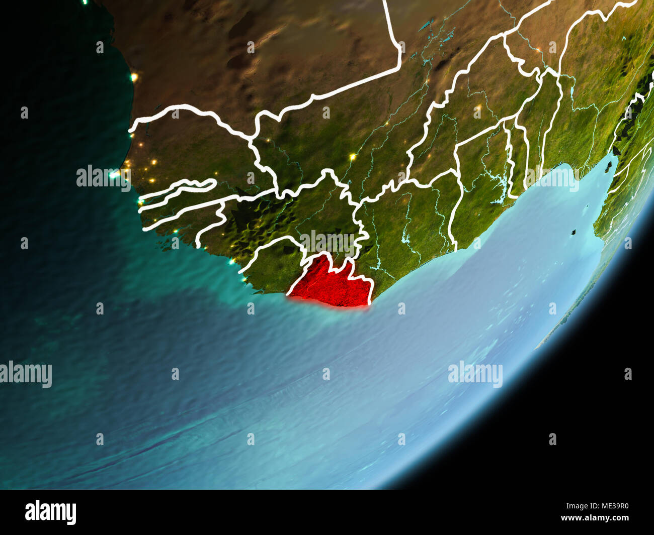 Liberia in early morning light highlighted in red on planet Earth with ...