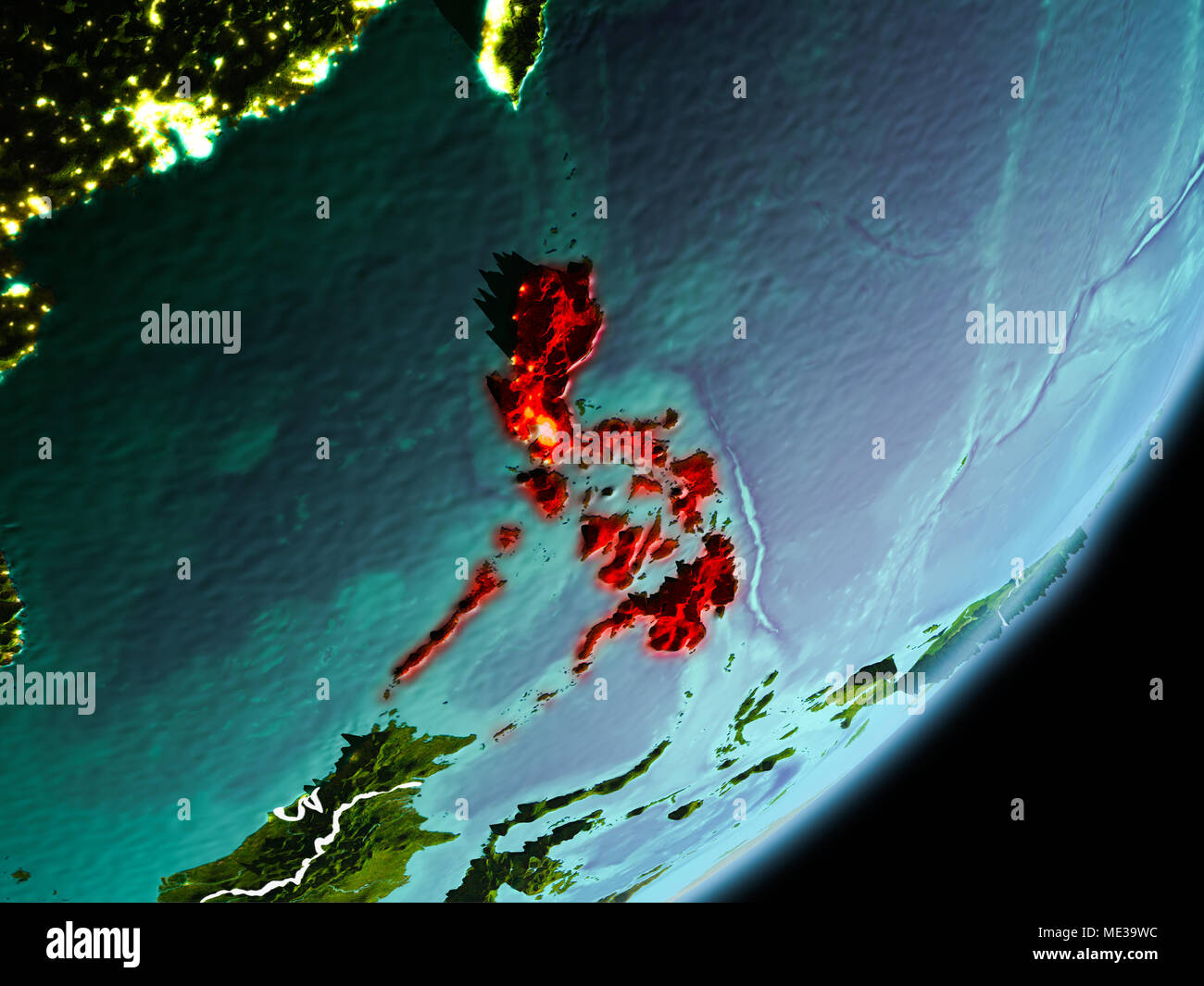 Philippines in early morning light highlighted in red on planet Earth ...