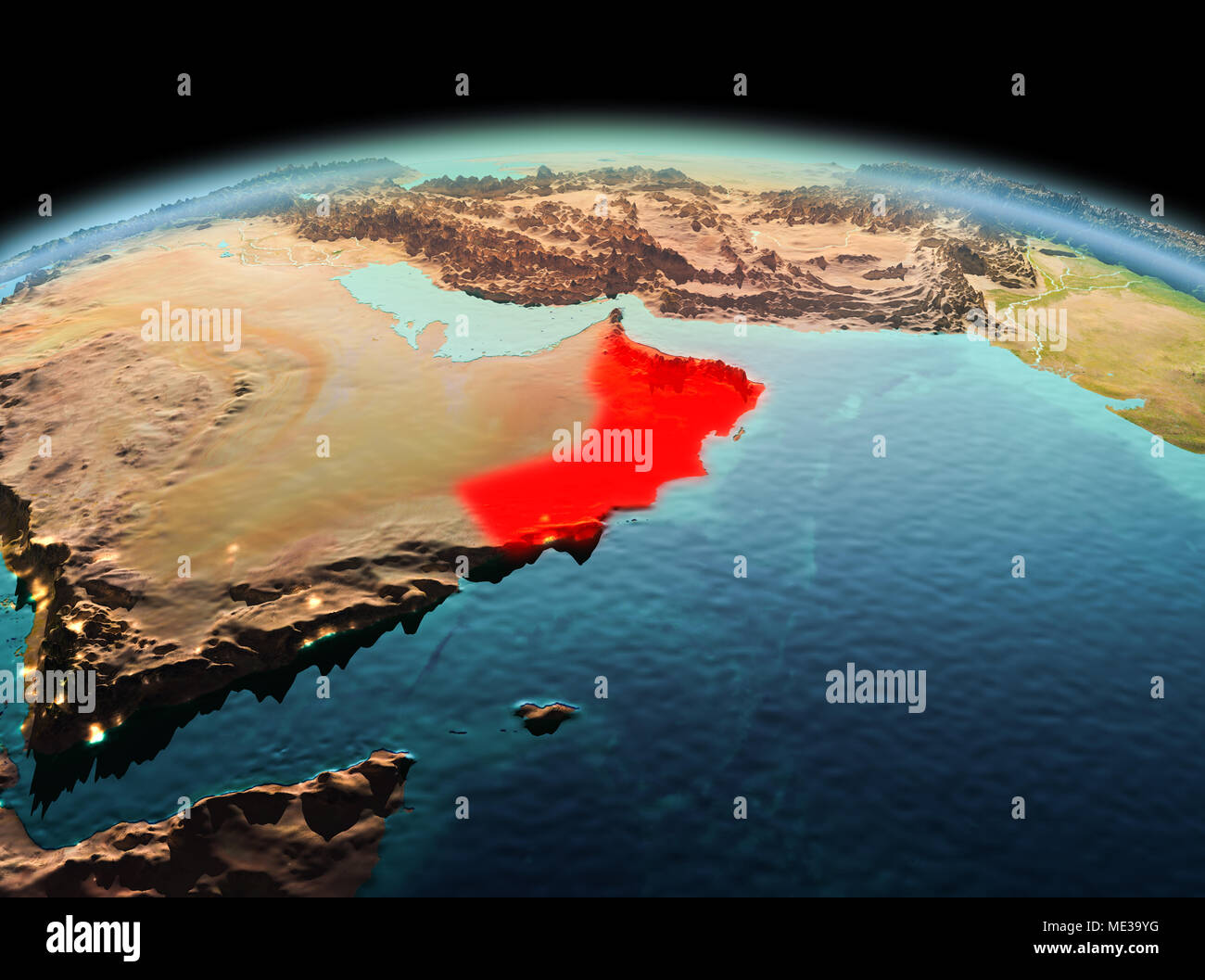 Morning above Oman highlighted in red on model of planet Earth in space ...