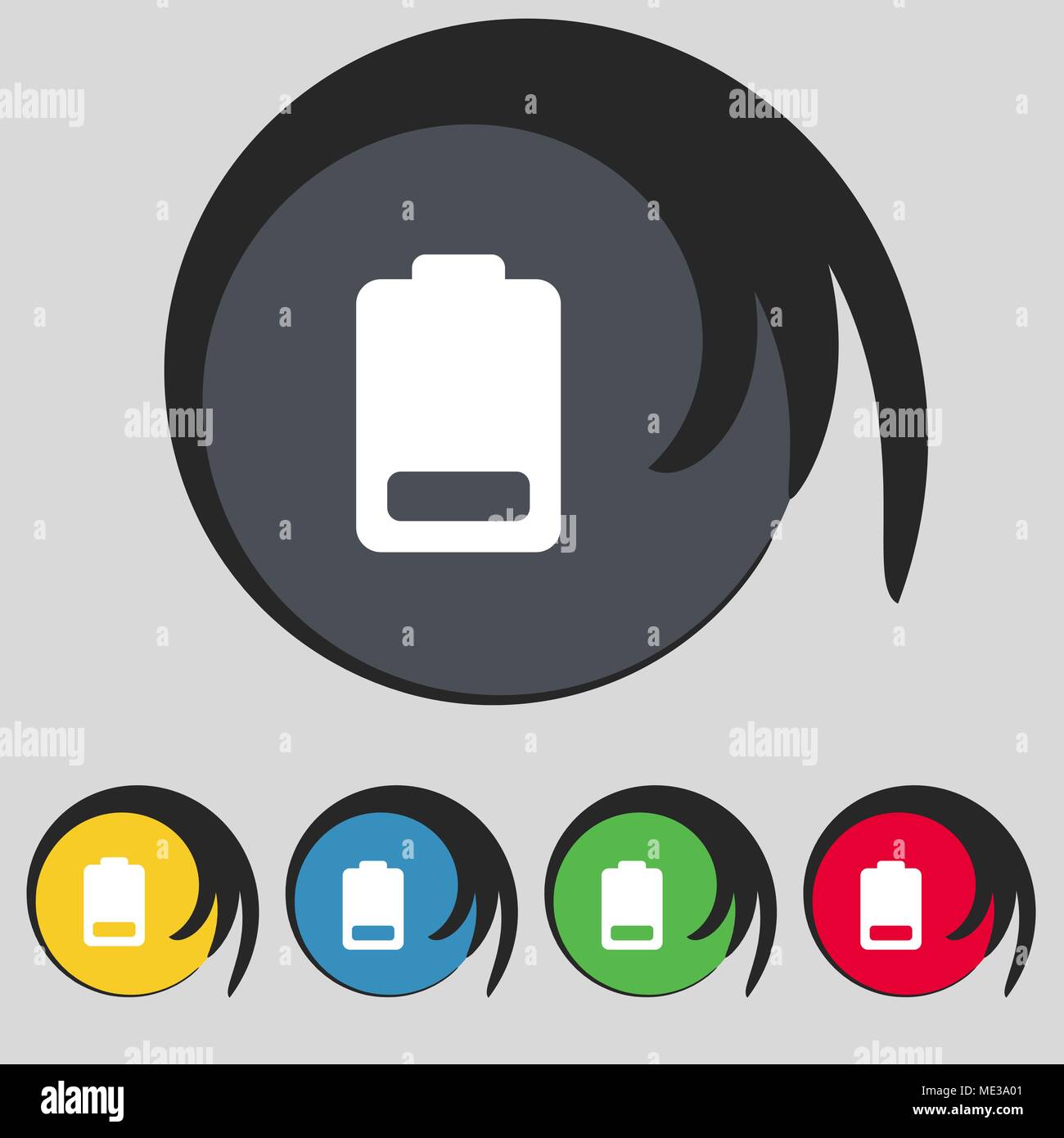 Battery low level, Electricity icon sign. Symbol on five colored ...