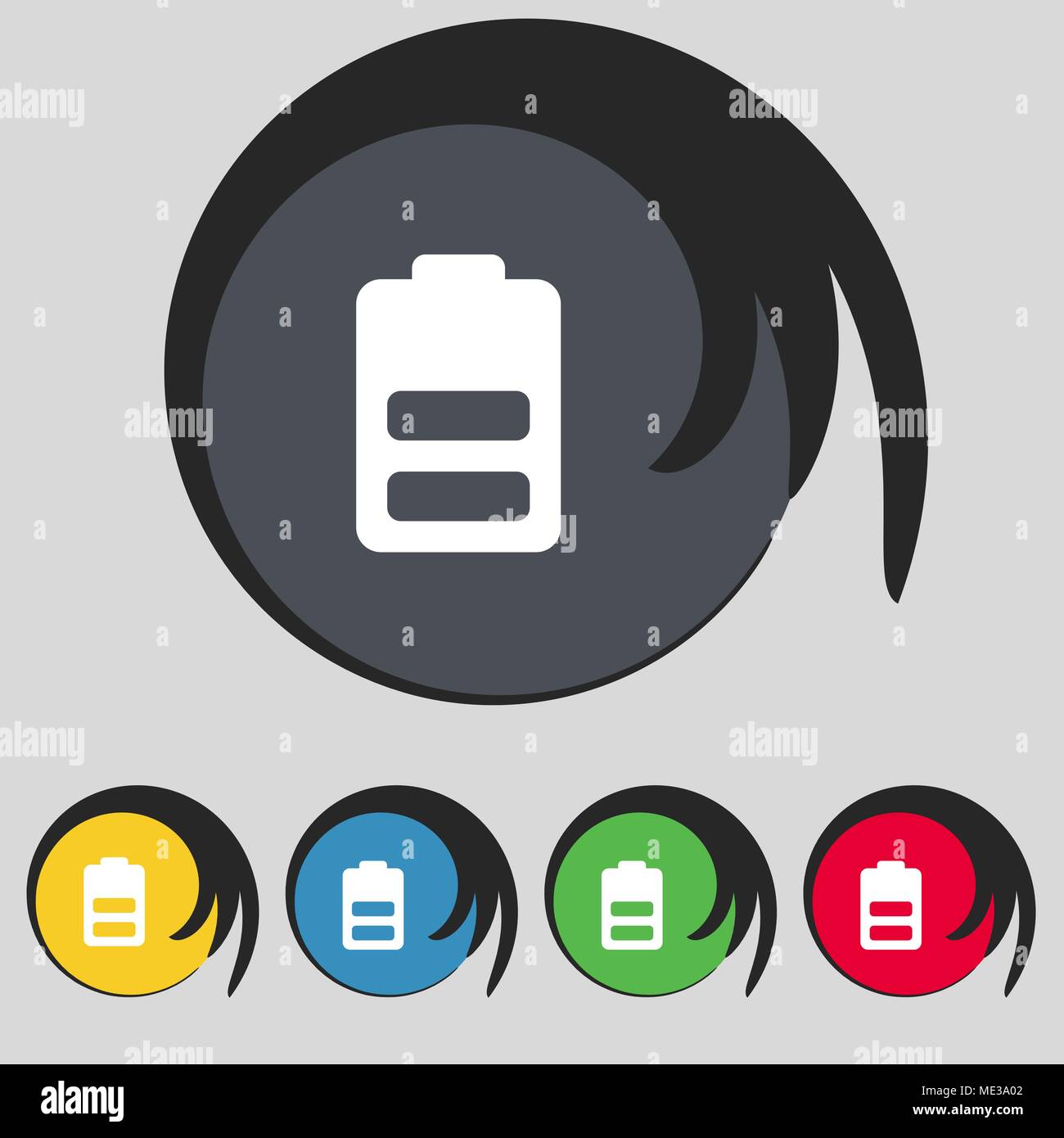 Battery half level, Low electricity icon sign. Symbol on five colored ...