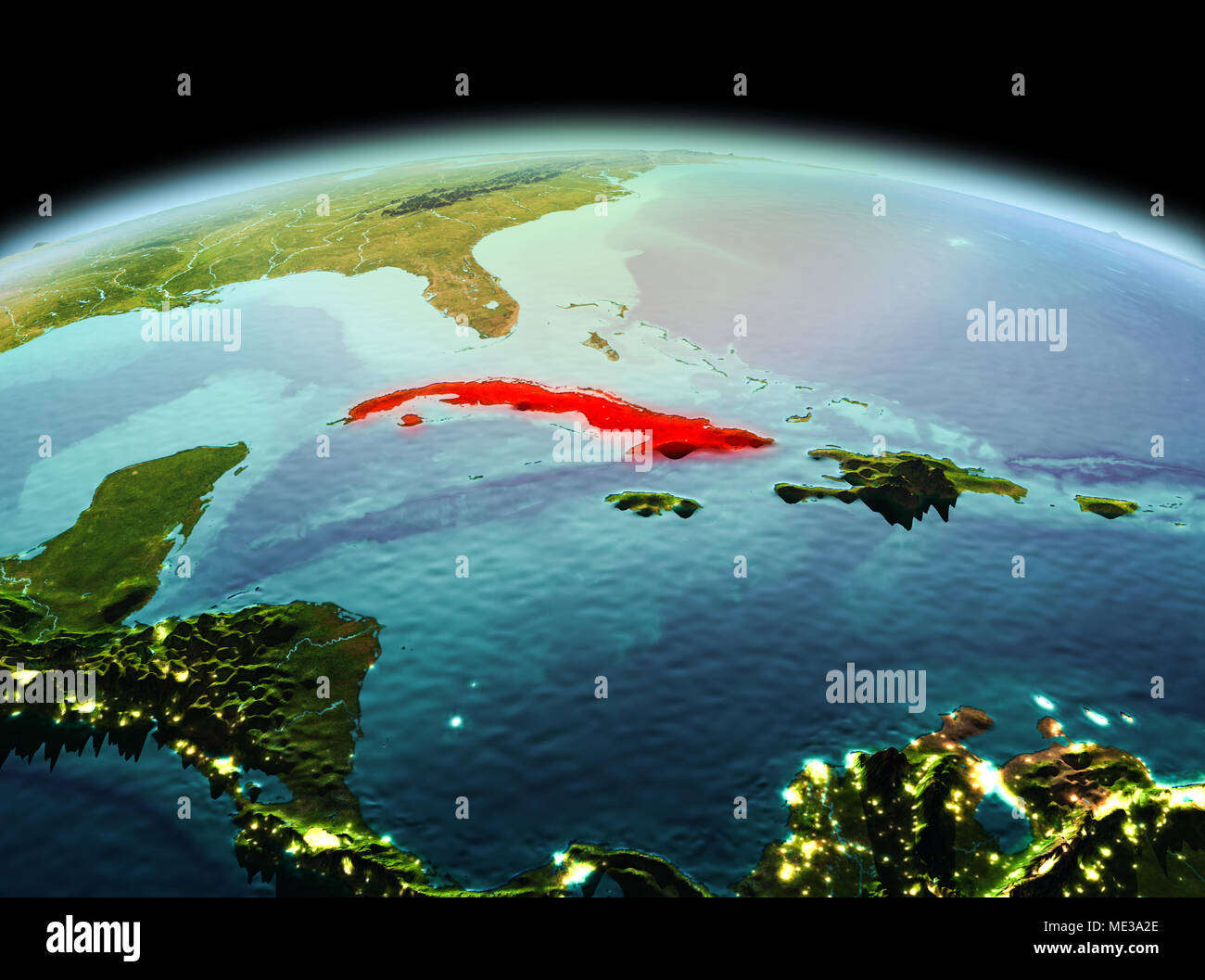 Morning above Cuba highlighted in red on model of planet Earth in space ...