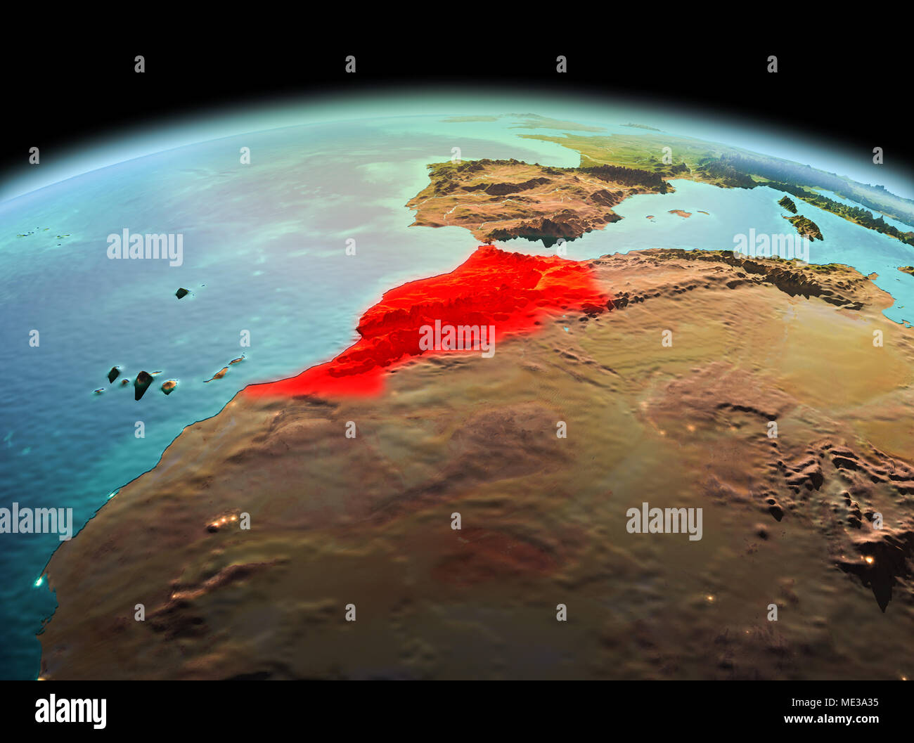 Morning above Morocco highlighted in red on model of planet Earth in ...