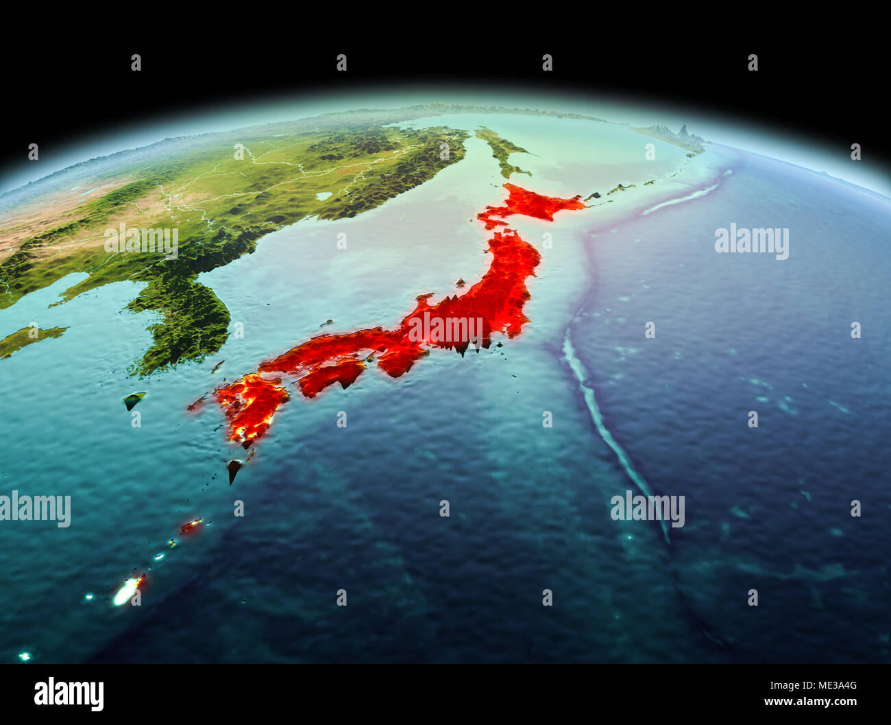 Morning above Japan highlighted in red on model of planet Earth in ...