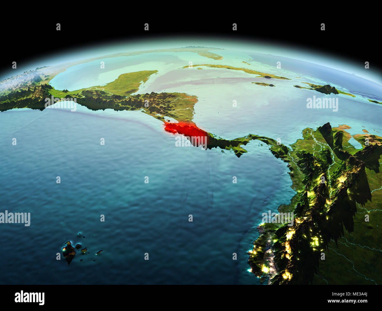 Morning above Costa Rica highlighted in red on model of planet Earth in ...