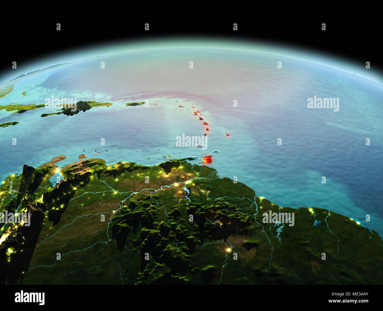 Morning above Caribbean highlighted in red on model of planet Earth in space. 3D illustration ...