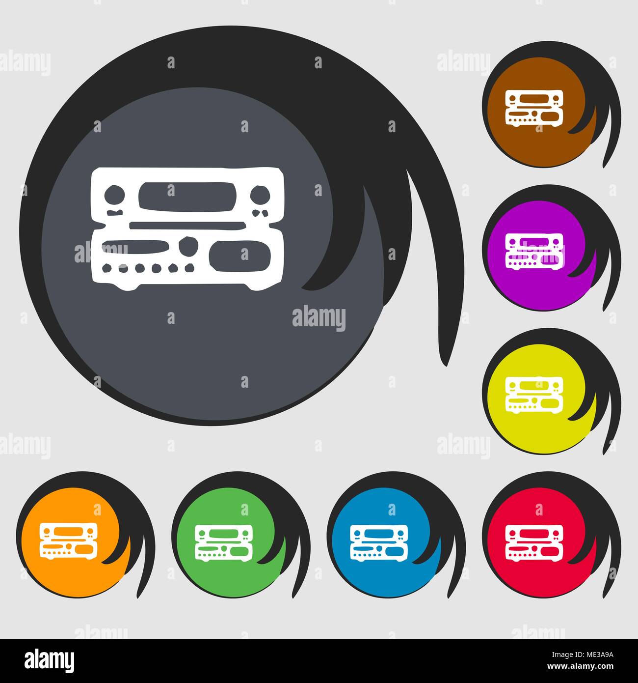 radio, receiver, amplifier icon sign. Symbol on eight colored buttons ...