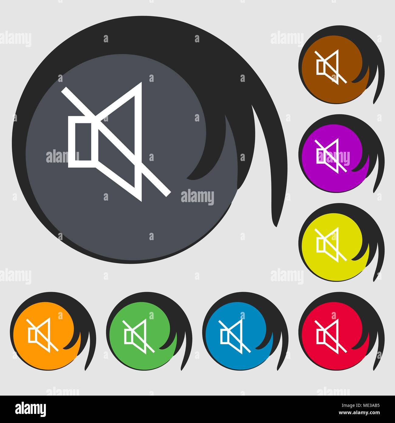 without sound, mute icon sign. Symbol on eight colored buttons. Vector ...