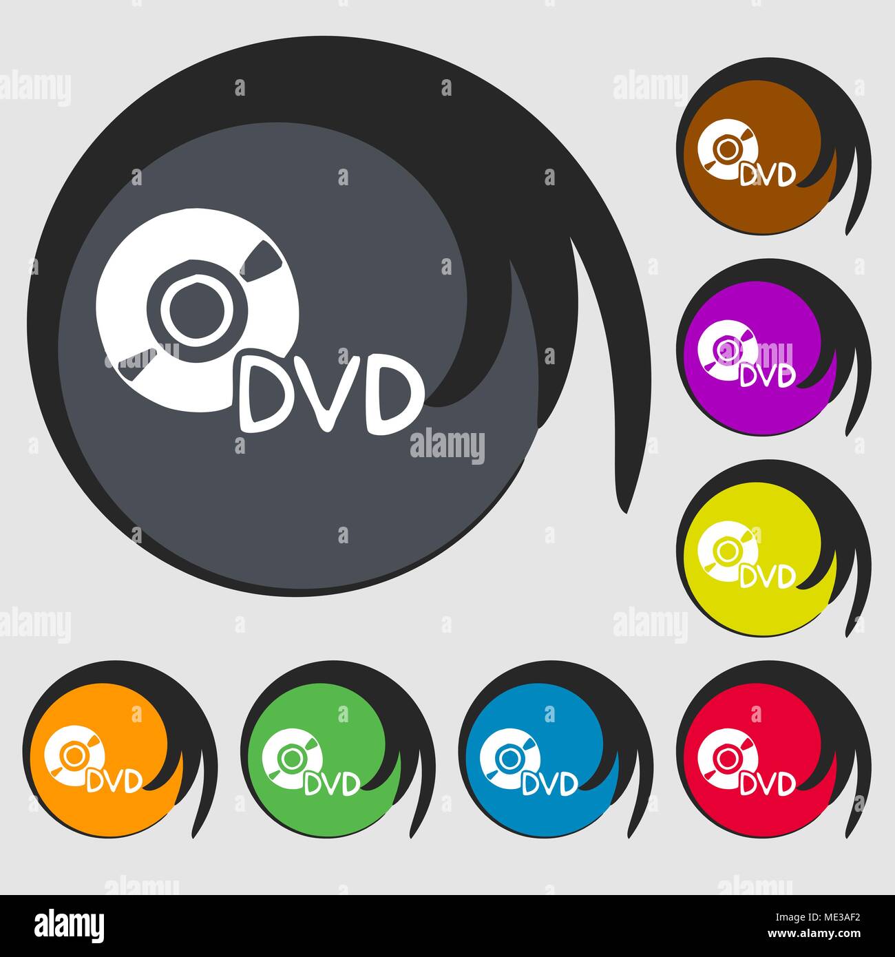 dvd icon sign. Symbol on eight colored buttons. Vector illustration ...