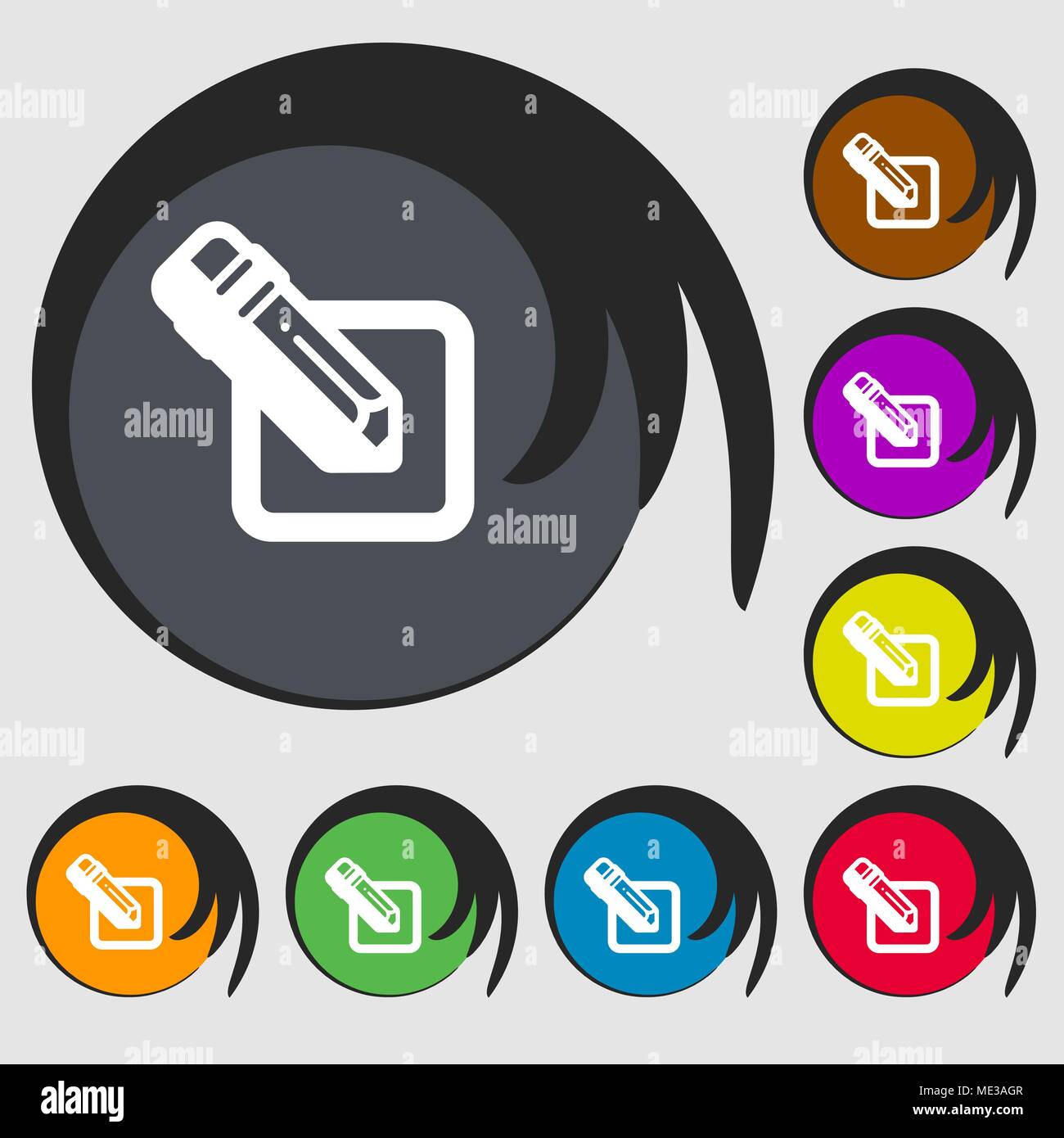 pencil icon sign. Symbol on eight colored buttons. Vector illustration ...
