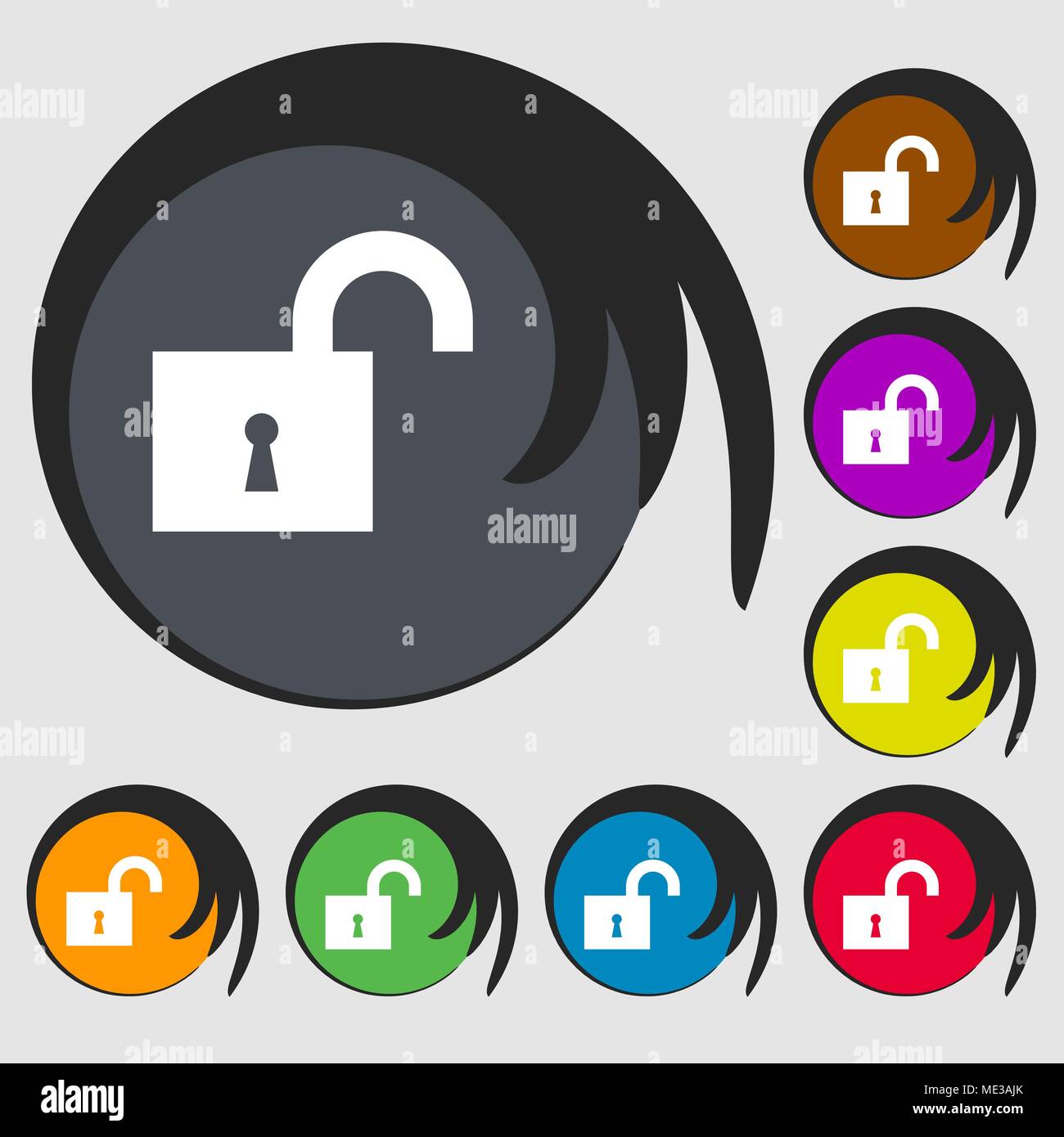 open lock icon sign. Symbol on eight colored buttons. Vector ...