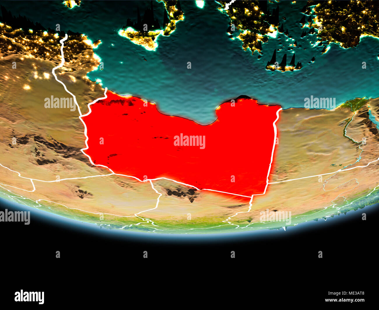 Country of Libya in red on planet Earth in the evening with visible ...