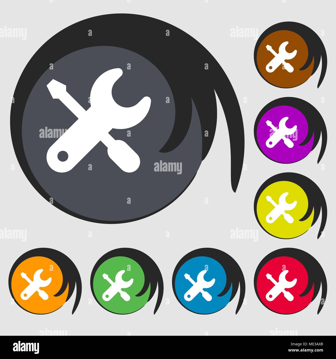 screwdriver, key, settings icon sign. Symbol on eight colored buttons ...