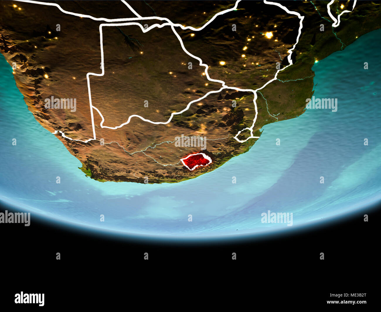 Country of Lesotho in red on planet Earth in the evening with visible ...