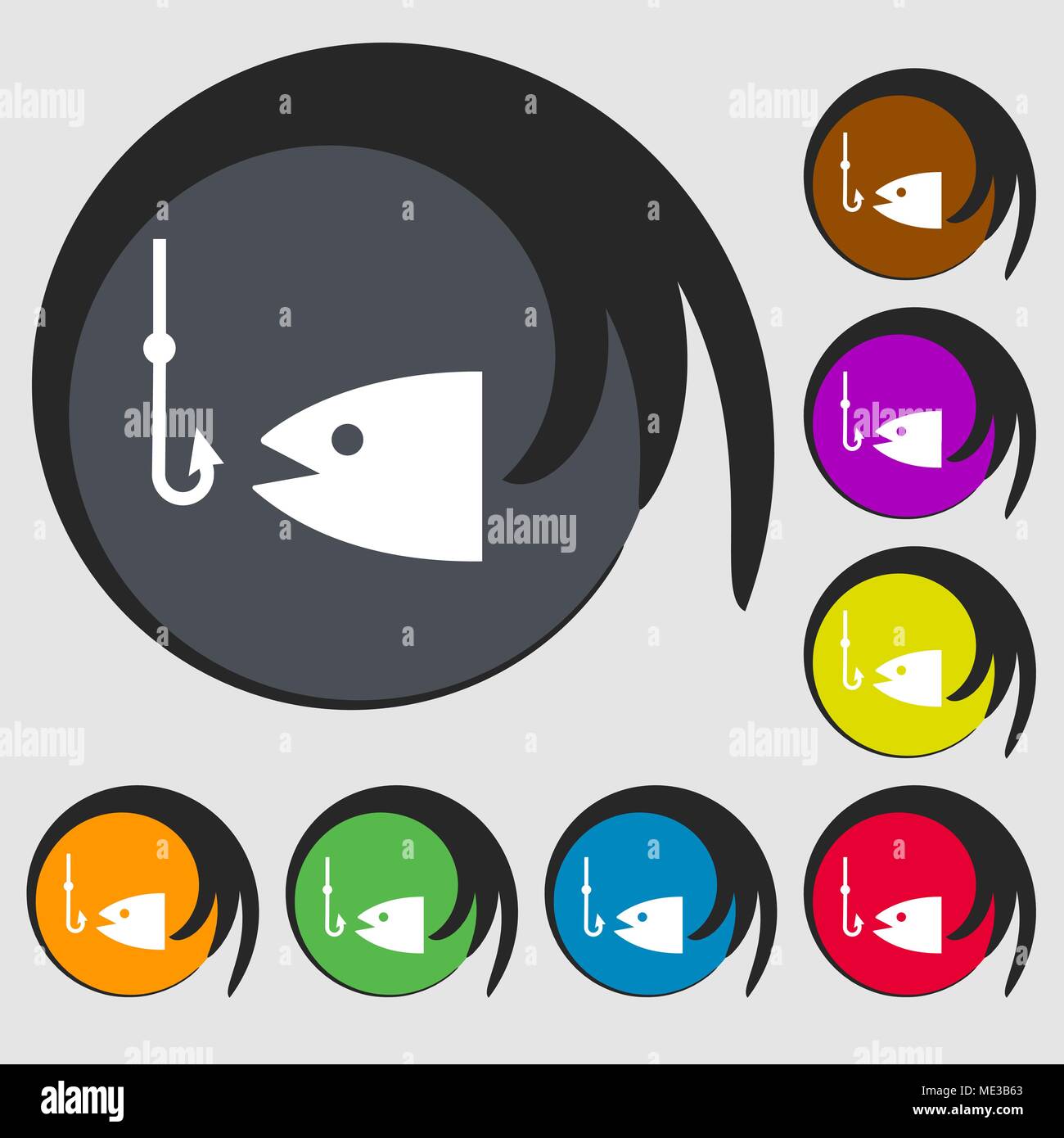 Fishing icon sign. Symbol on eight colored buttons. Vector illustration ...