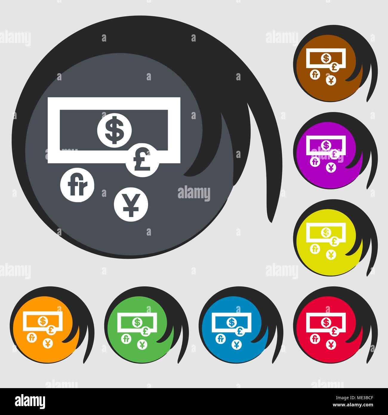 currencies of the world icon sign. Symbol on eight colored buttons ...