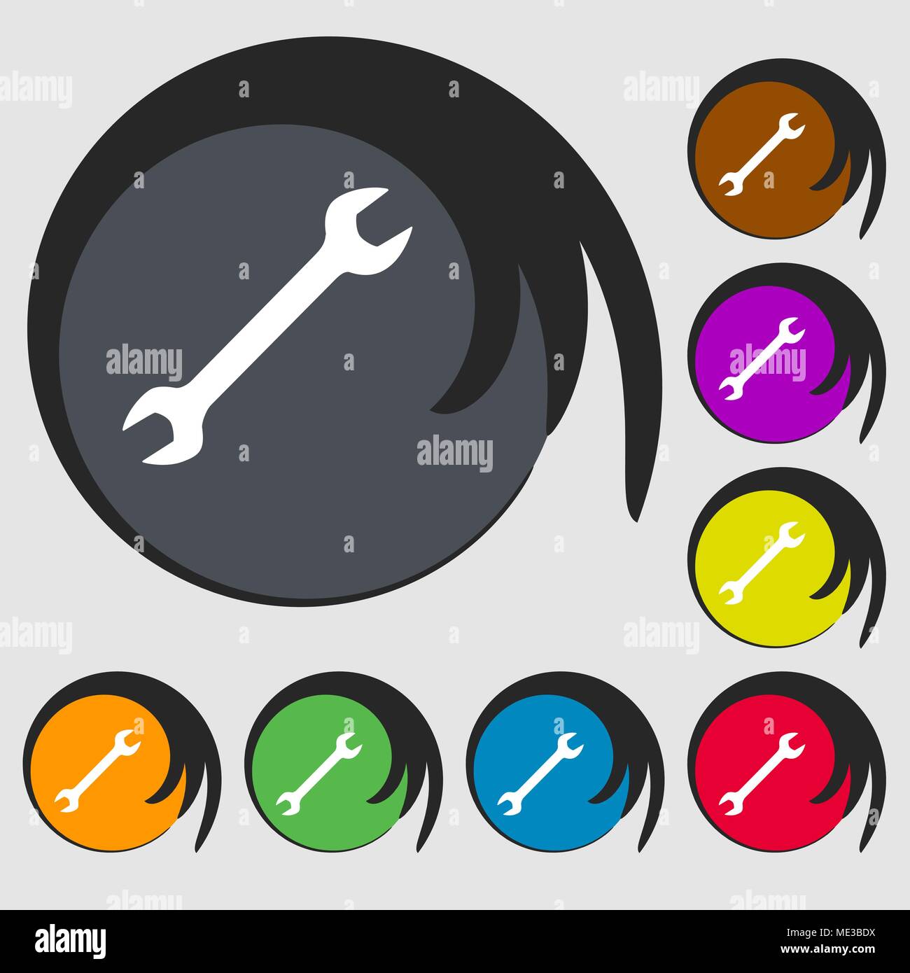 wrench icon sign. Symbol on eight colored buttons. Vector illustration ...