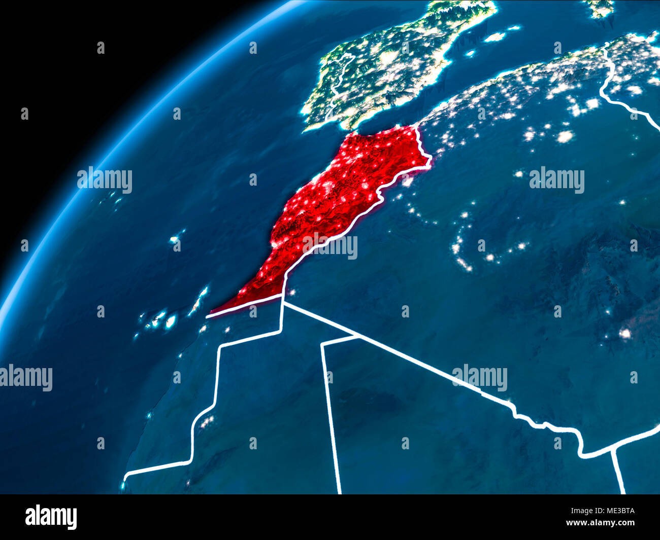 Morocco highlighted in red from Earth’s orbit at night with visible ...