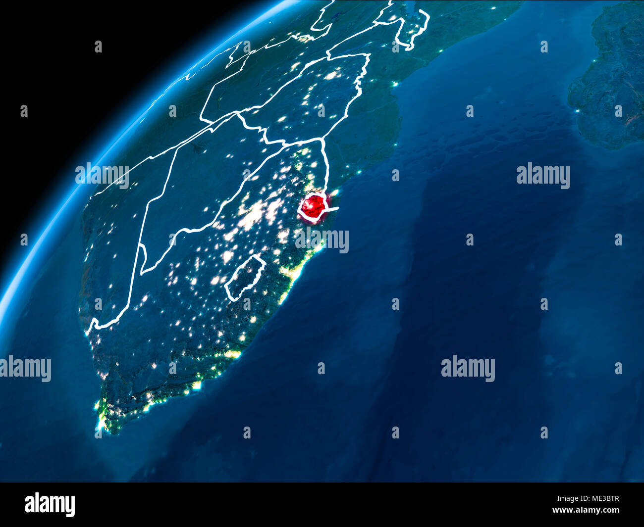 Swaziland highlighted in red from Earth’s orbit at night with visible country borders. 3D ...