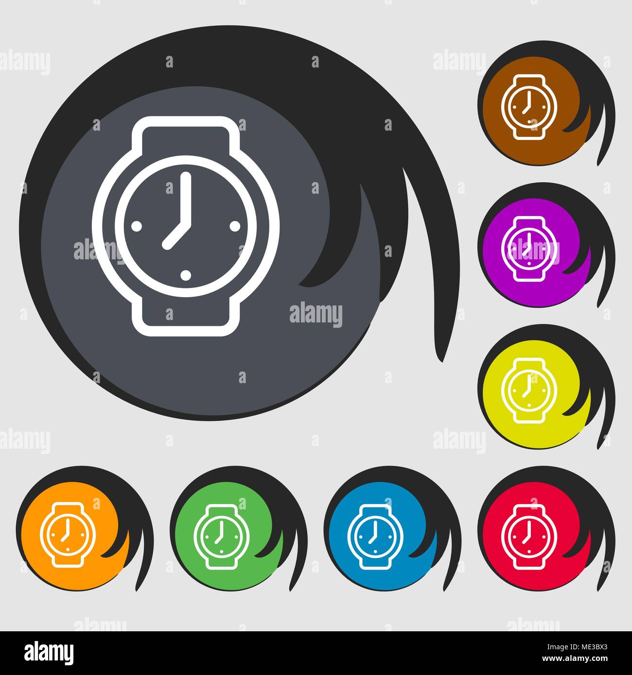 watches icon sign. Symbol on eight colored buttons. Vector illustration ...