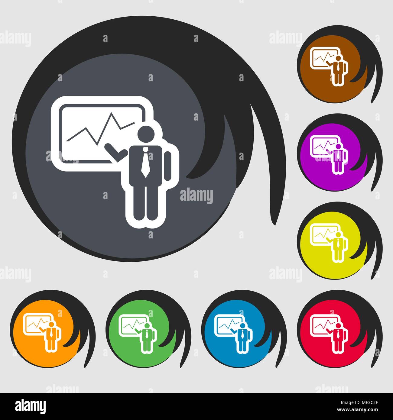 businessman making report icon sign. Symbol on eight colored buttons ...