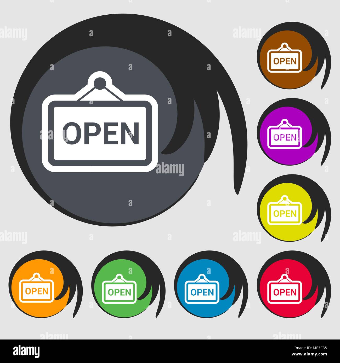 open icon sign. Symbol on eight colored buttons. Vector illustration ...