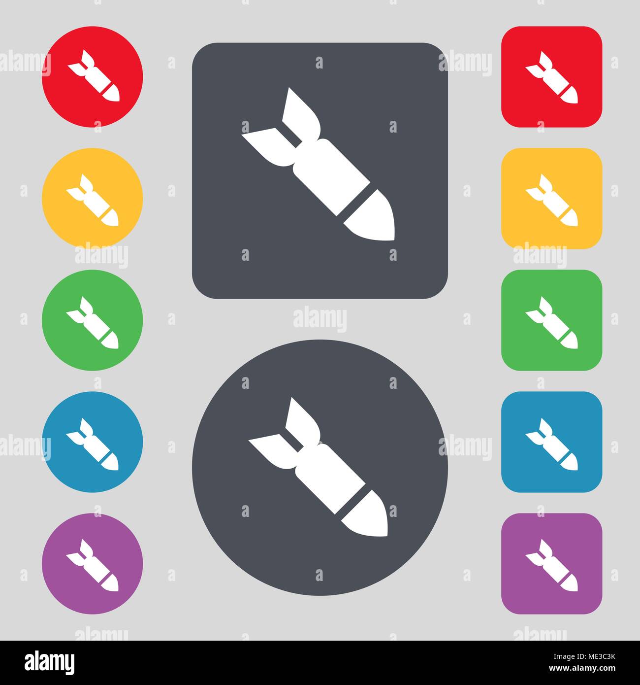 Missile,Rocket weapon icon sign. A set of 12 colored buttons. Flat ...