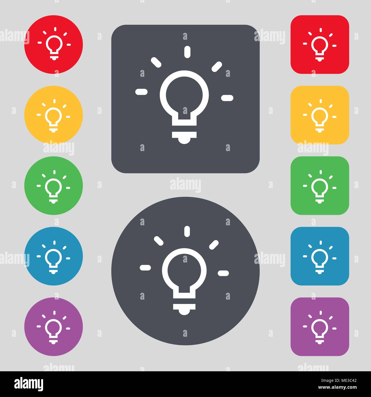 Light lamp, Idea icon sign. A set of 12 colored buttons. Flat design ...