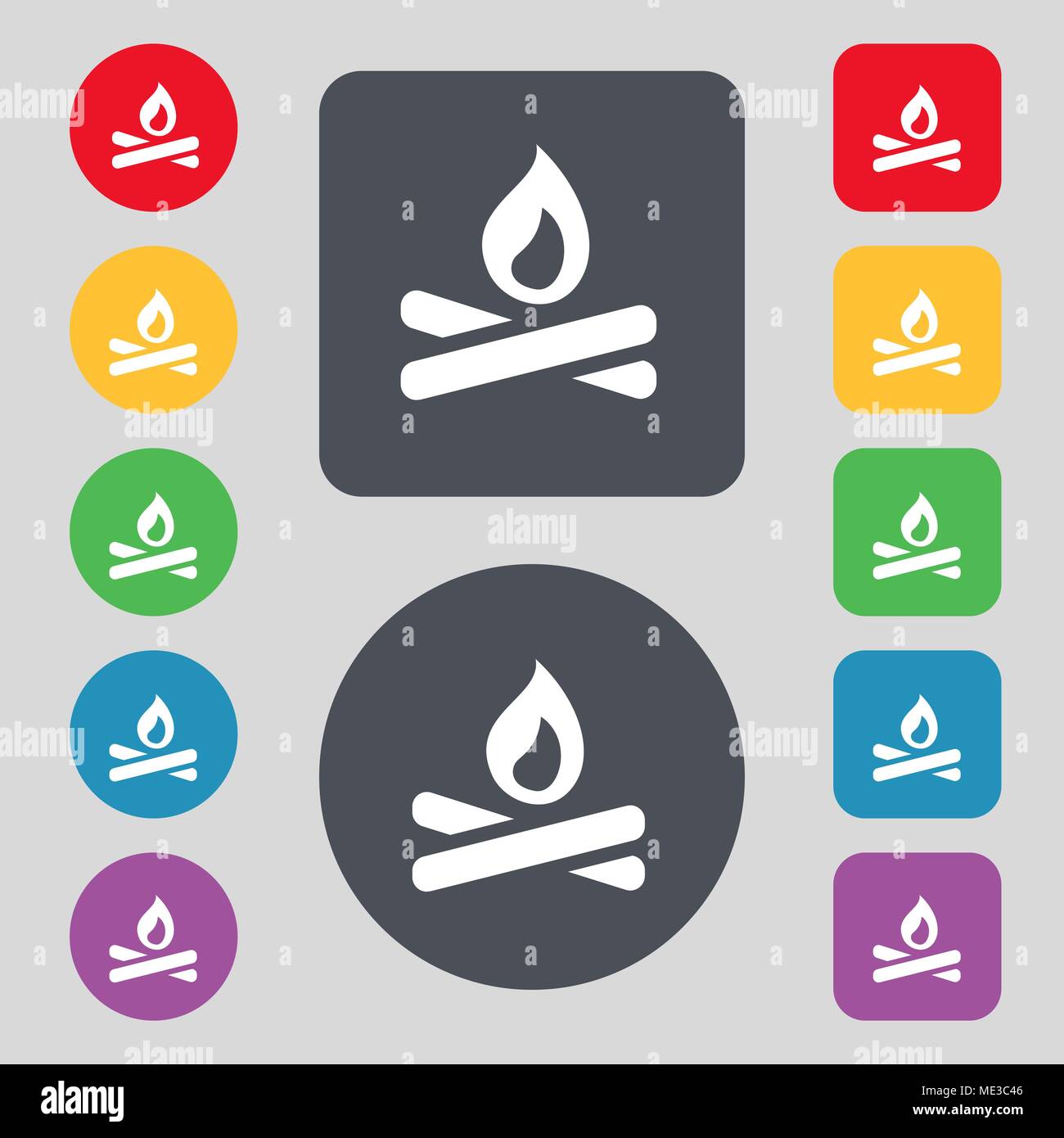 Fire flame icon sign. A set of 12 colored buttons. Flat design. Vector ...