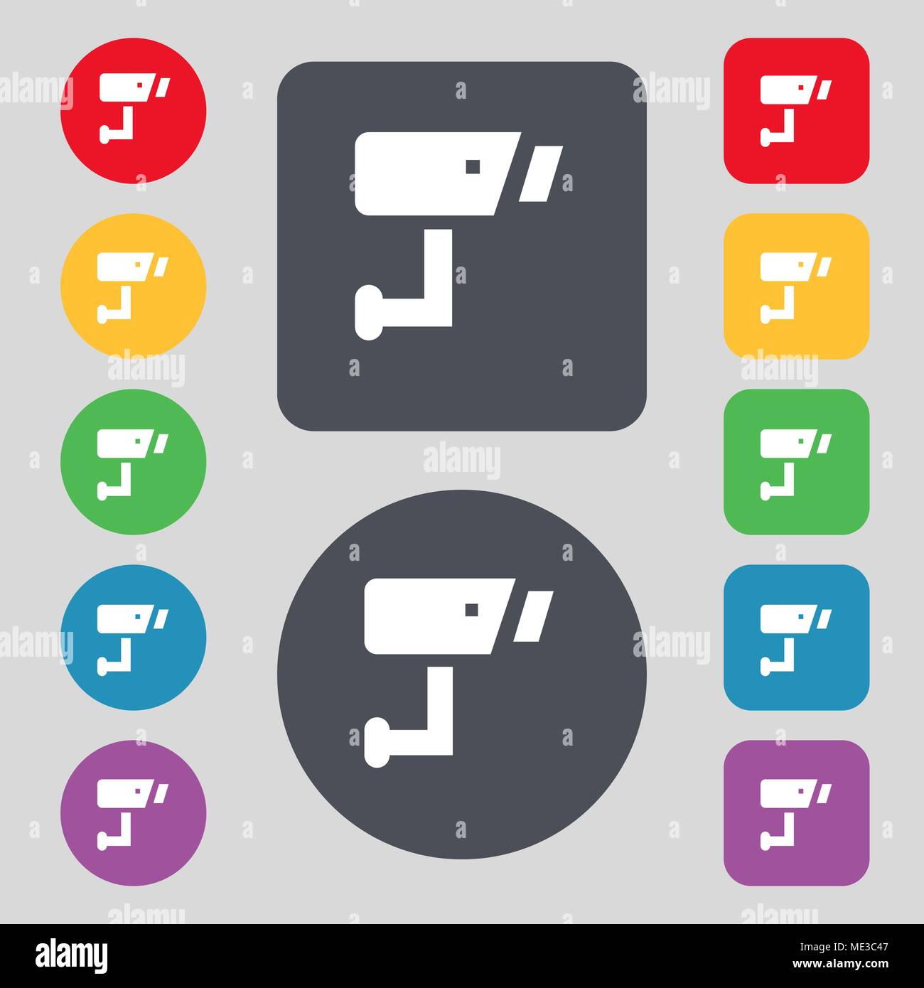 Surveillance Camera icon sign. A set of 12 colored buttons. Flat design ...