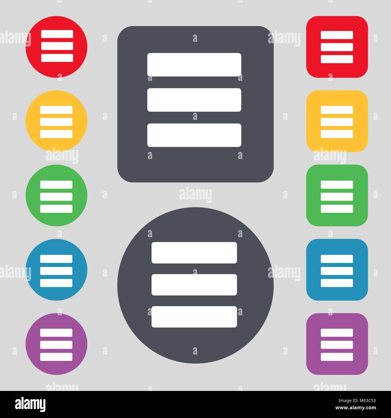 List menu, Content view options icon sign. A set of 12 colored buttons ...