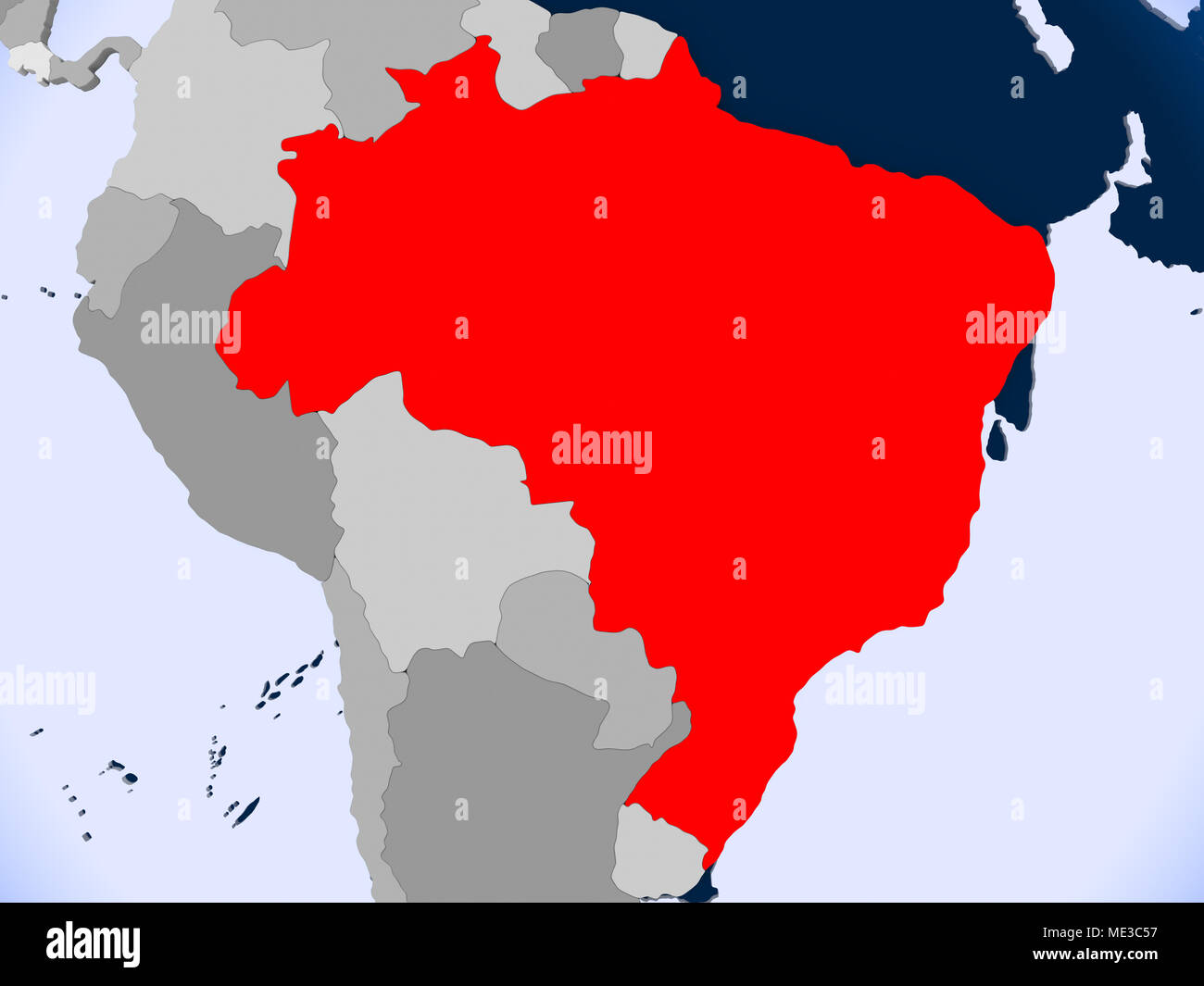 Brazil in red on political map with transparent oceans. 3D illustration ...