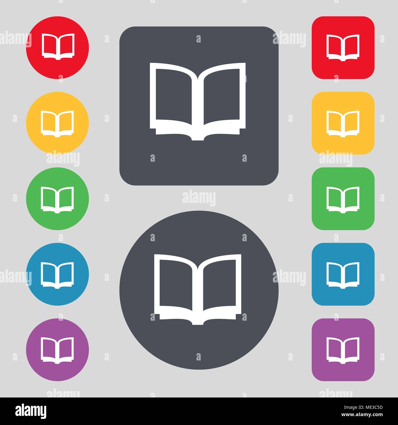 Open book icon sign. A set of 12 colored buttons. Flat design. Vector ...