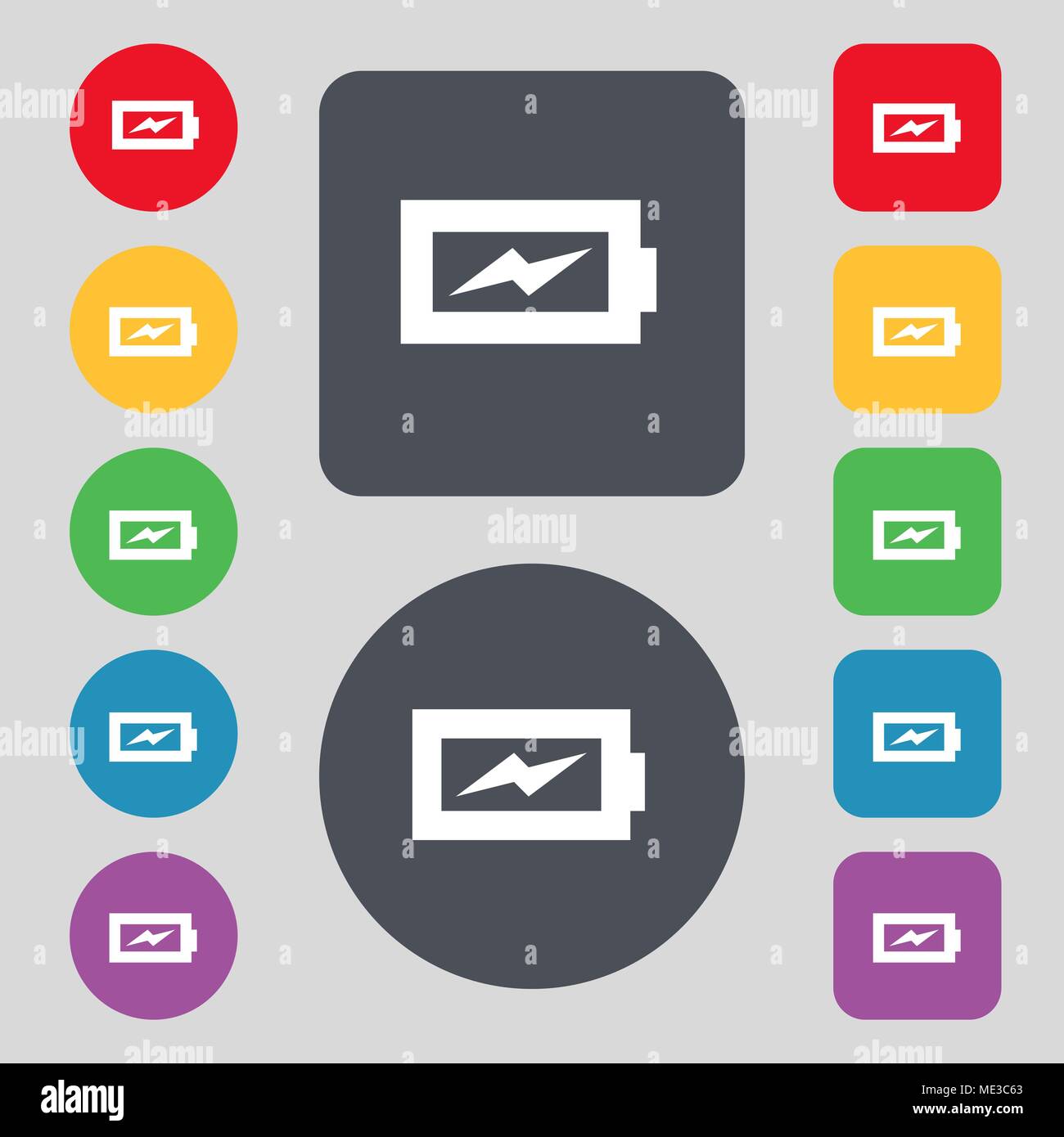 Battery charging icon sign. A set of 12 colored buttons. Flat design ...